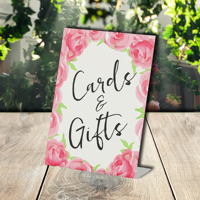 Chic Pink Roses Bridal Shower Cards and Gifts Pedestal Sign | Zazzle