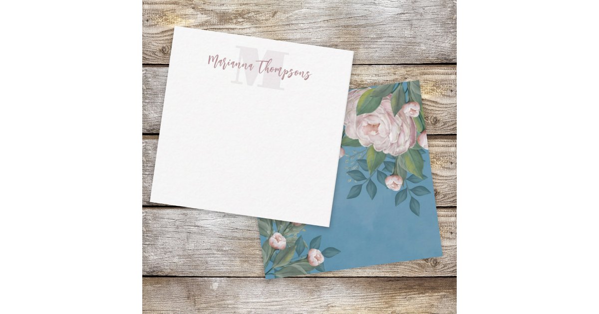 Chic Pink Vintage Rose Floral Elegant Flower Blue Note Card | Zazzle
