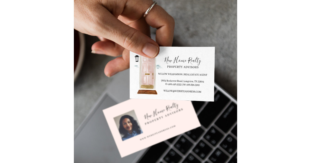 Chic Pink Watercolor Front Door Real Estate Photo Business Card | Zazzle