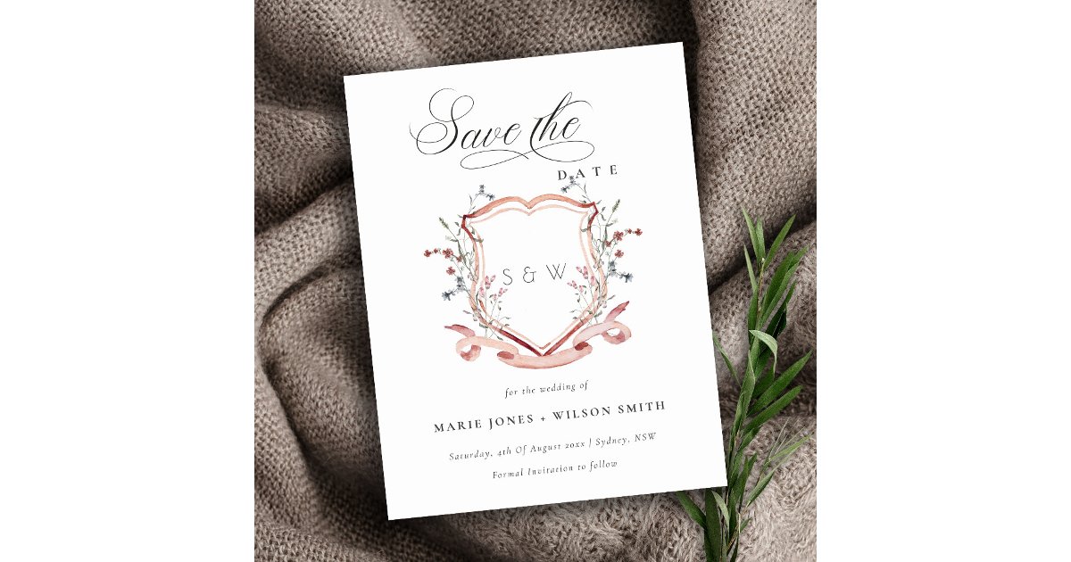 Chic Pink Wildflower Monogram Crest Save The Date Announcement Postcard ...