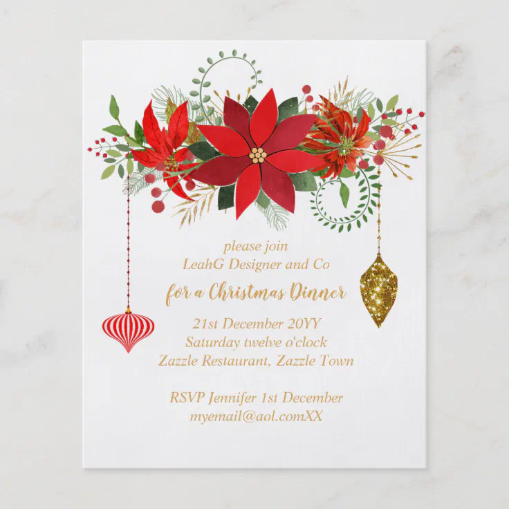 Chic Poinsettia Christmas Red Gold Party Flyer | Zazzle