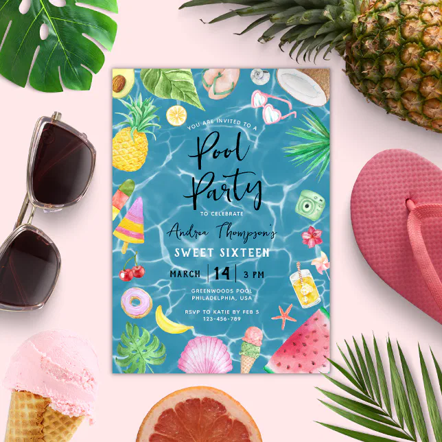 Chic Pool Party Summer Sweet 16 Birthday Invitation | Zazzle