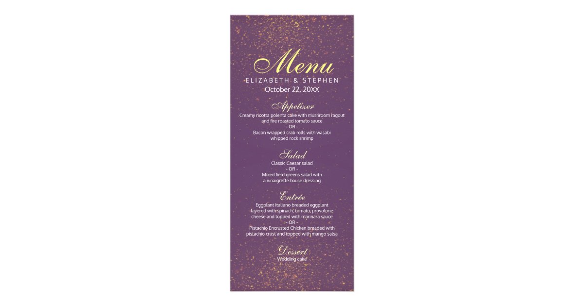Chic Purple and Gold Glitter Sparkle Wedding Menu | Zazzle.com