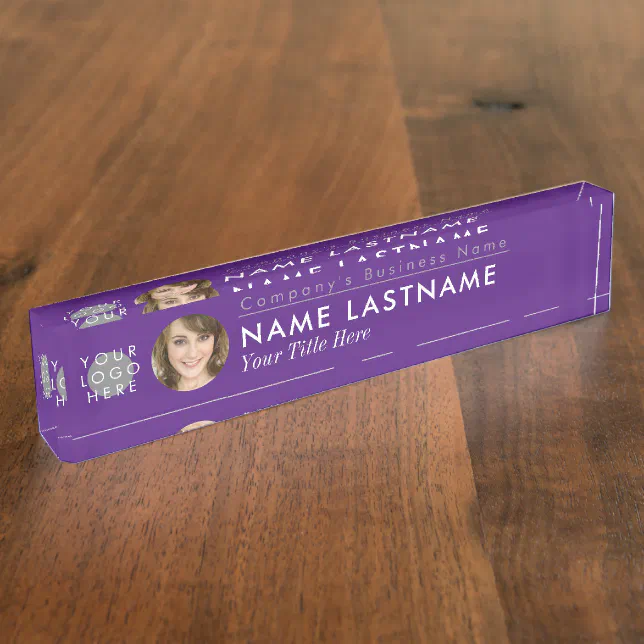 Chic Purple Custom Logo Photo Modern Professional Desk Name Plate | Zazzle