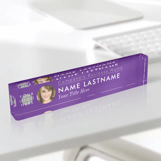 Chic Purple Custom Logo Photo Modern Professional Desk Name Plate | Zazzle