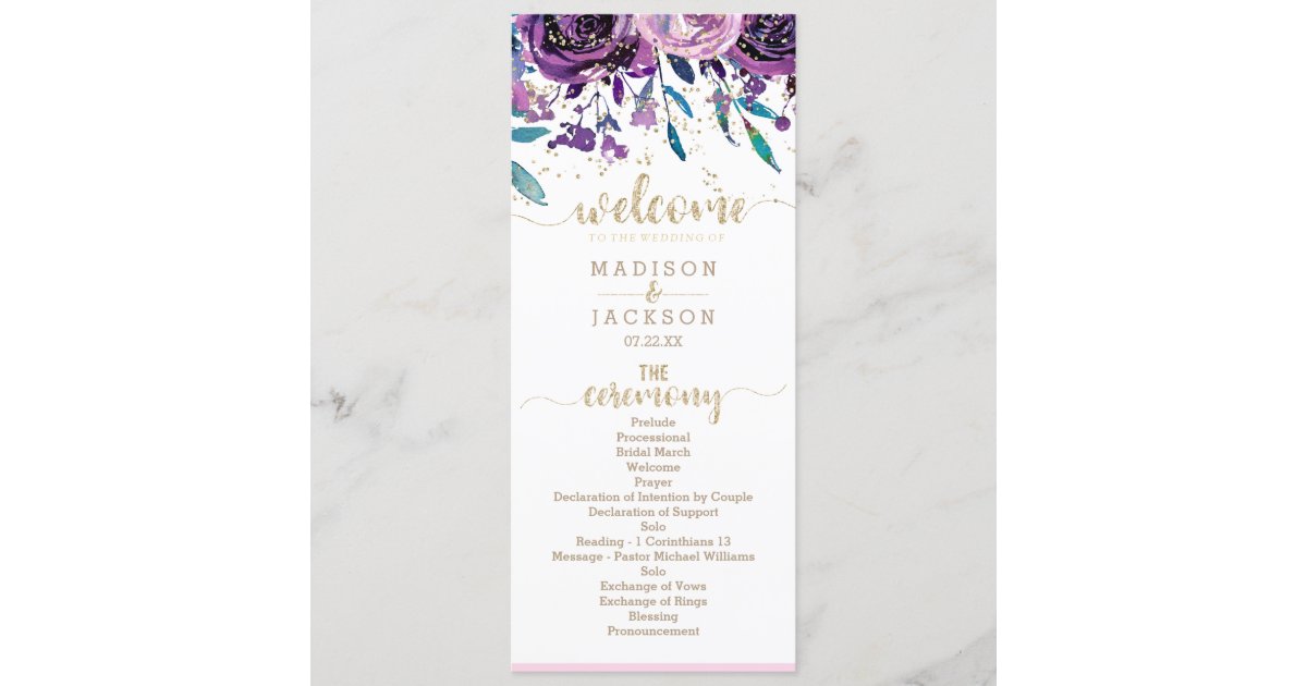 Chic Purple Floral Champagne Gold Wedding Program | Zazzle