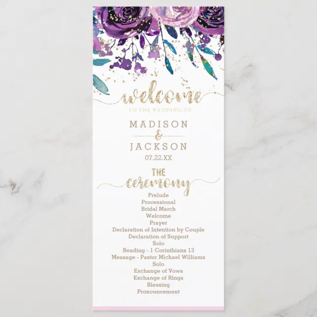 Chic Purple Floral Champagne Gold Wedding Program | Zazzle
