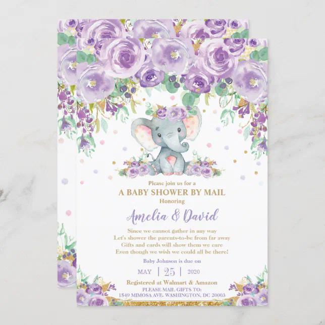 Chic Purple Floral Elephant Baby Shower by Mail Invitation | Zazzle