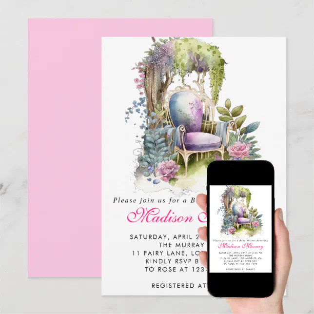 Chic Purple Floral Flower Garden Chair Baby Shower Invitation | Zazzle