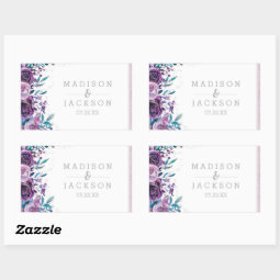 Chic Purple Floral & Silver Wedding Monogram Rectangular Sticker | Zazzle