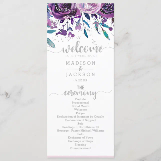 Chic Purple Floral & Silver Wedding Program | Zazzle
