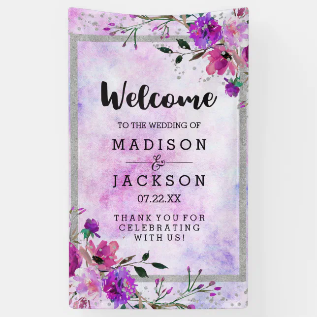 Chic Purple Floral & Silver Wedding Welcome Banner | Zazzle