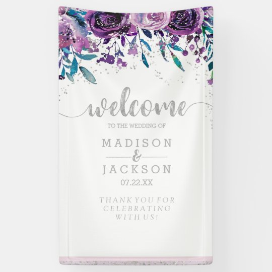 Chic Purple Floral & Silver Wedding Welcome Banner | Zazzle.com