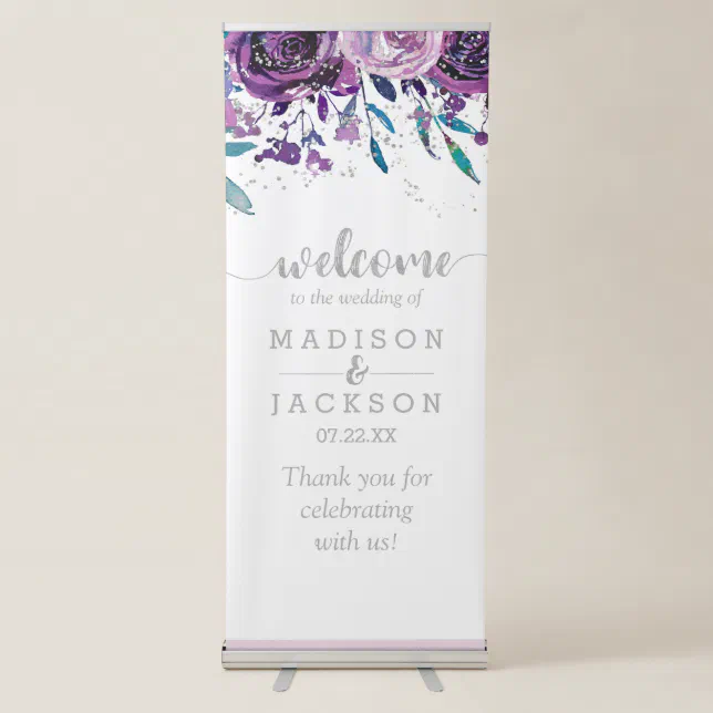 Chic Purple Floral & Silver Wedding Welcome Retractable Banner | Zazzle