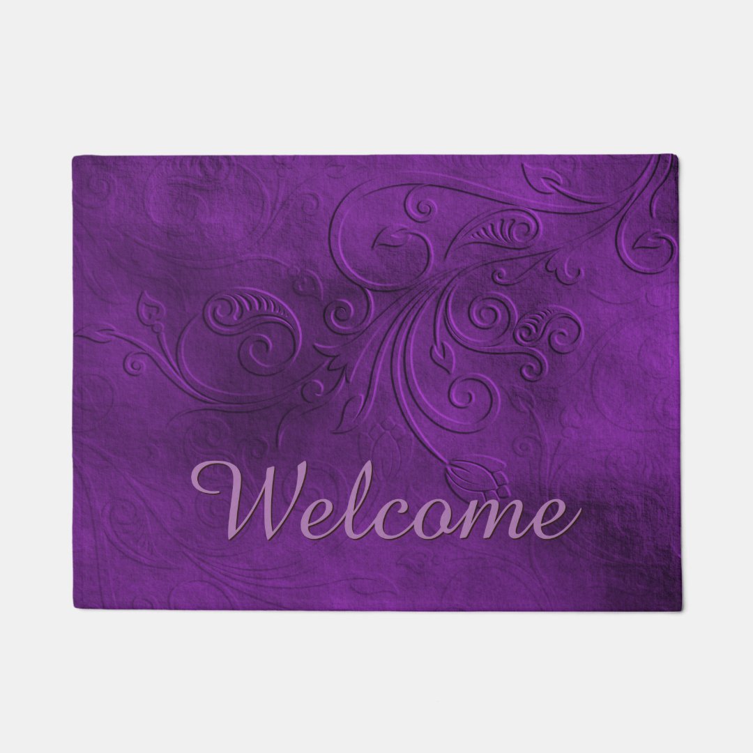 Chic Purple Flourish Welcome Door Mat | Zazzle