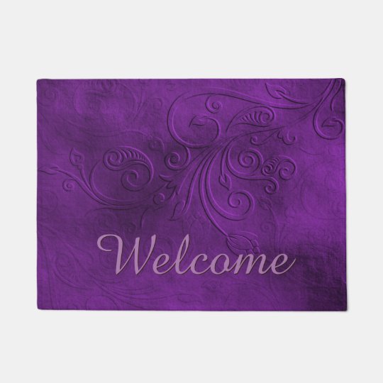 Chic Purple Flourish Welcome Door Mat | Zazzle.com