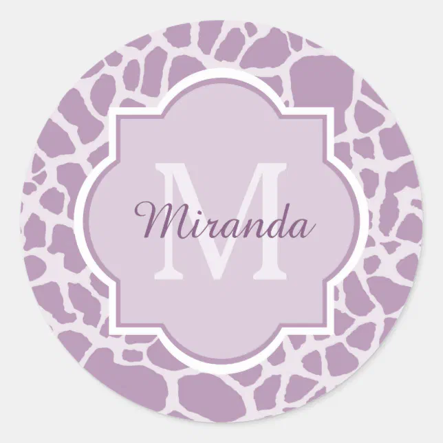 Chic Purple Giraffe Print With Monogram and Name Classic Round Sticker ...