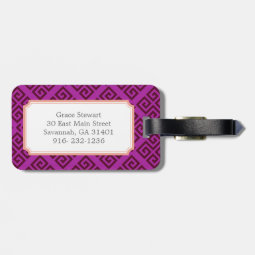 Chic purple girly greek key patterns monogram luggage tag | Zazzle