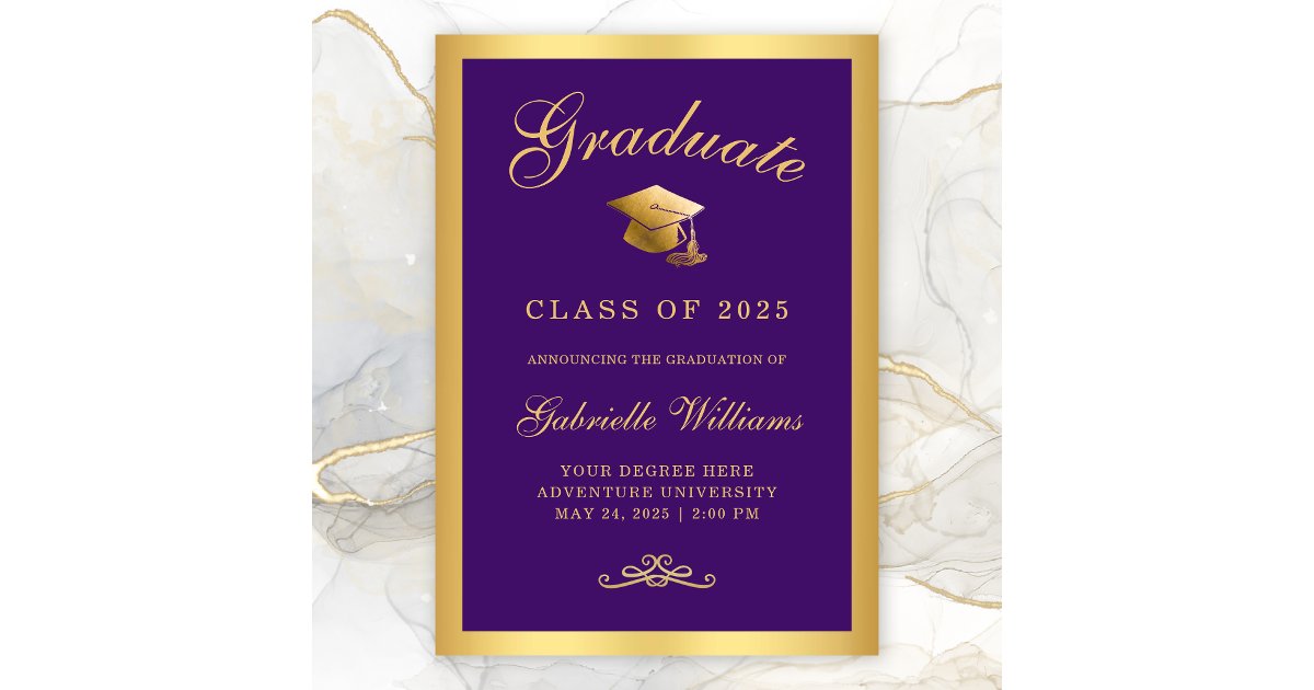 Chic Purple Gold Frame Script Graduation Announcement | Zazzle