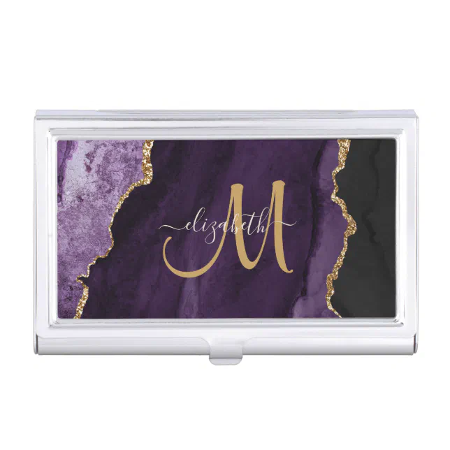 Chic Purple Gold Glitter Agate Custom Monogram Business Card Case | Zazzle