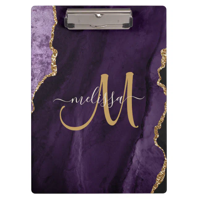 Chic Purple Gold Glitter Agate Custom Monogram Clipboard | Zazzle