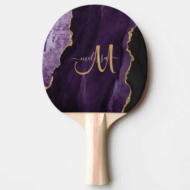 Chic Purple Gold Glitter Agate Custom Monogram Ping Pong Paddle | Zazzle