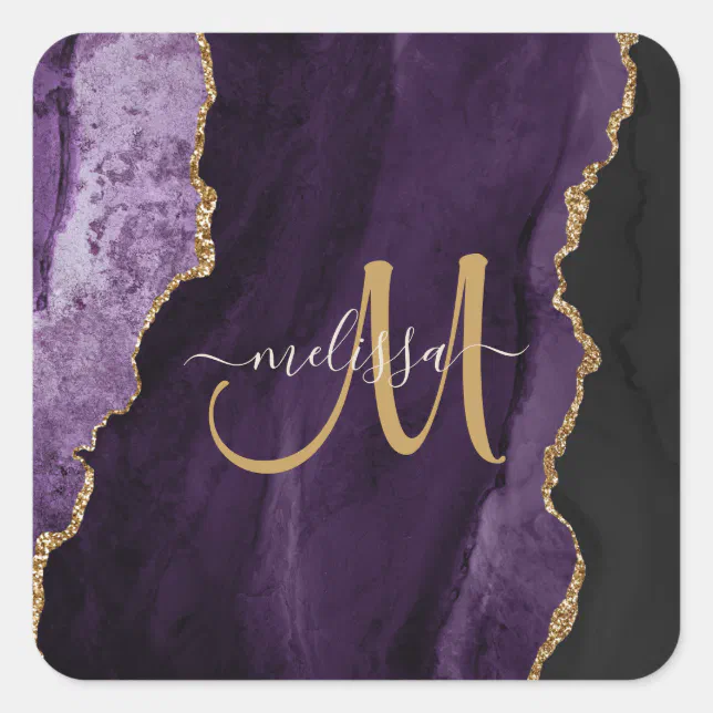 Chic Purple Gold Glitter Agate Custom Monogram Square Sticker | Zazzle