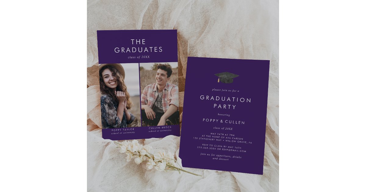 Chic Purple Grad Cap Photo Double Graduation Party Invitation | Zazzle