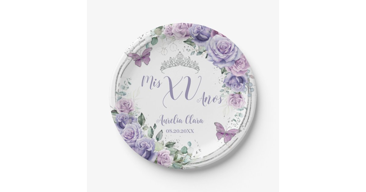 Chic Purple Lilac Floral Butterflies Quinceañera Paper Plates | Zazzle