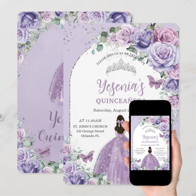 Chic Purple Lilac Floral Quinceañera Silver Arch Invitation | Zazzle