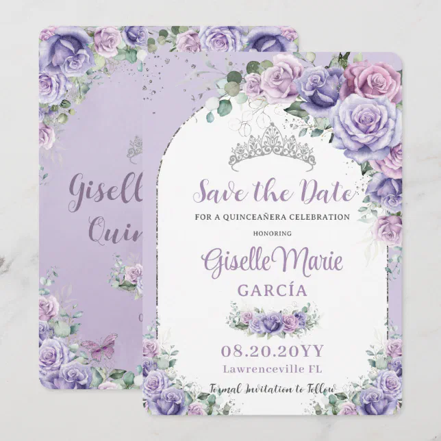 Chic Purple Lilac Floral Quinceañera Silver Arch Save The Date | Zazzle