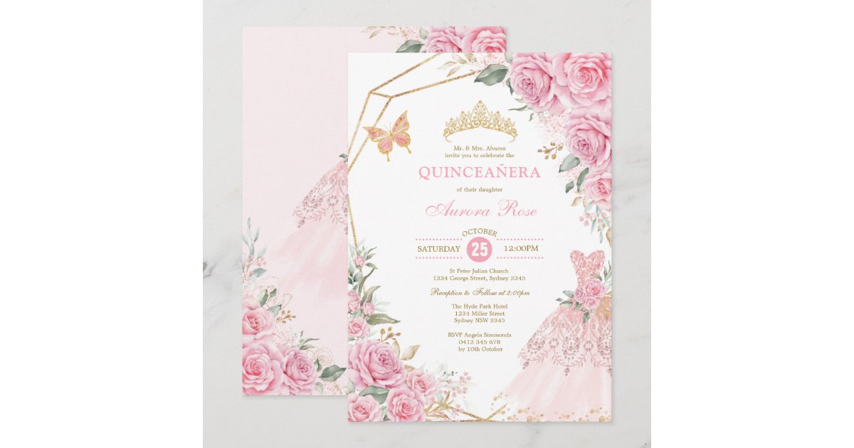 Chic Quinceañera Pink Gold Roses Crown Princess Invitation | Zazzle