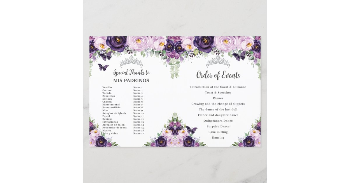 Chic Quinceañera Purple Floral Butterflies Program | Zazzle
