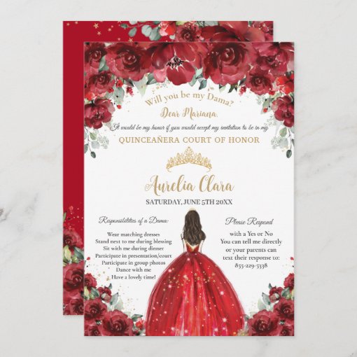Chic Quinceañera Red Floral Dama Proposal Request Invitation | Zazzle