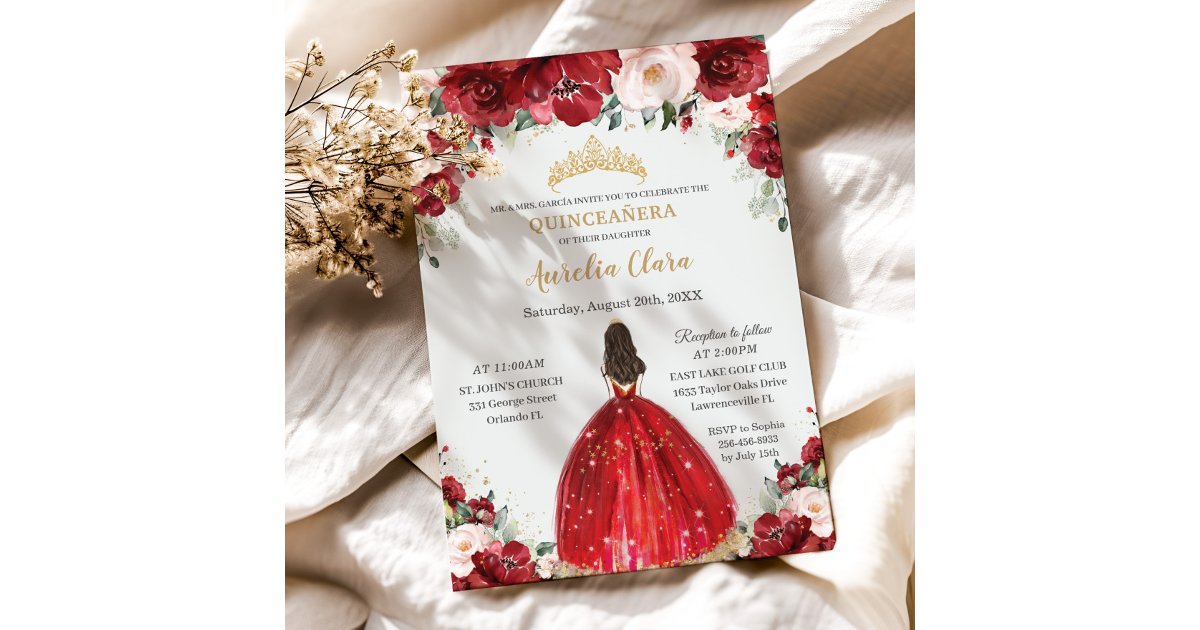 Chic Quinceañera Red Pink Floral Princess Dress Invitation | Zazzle