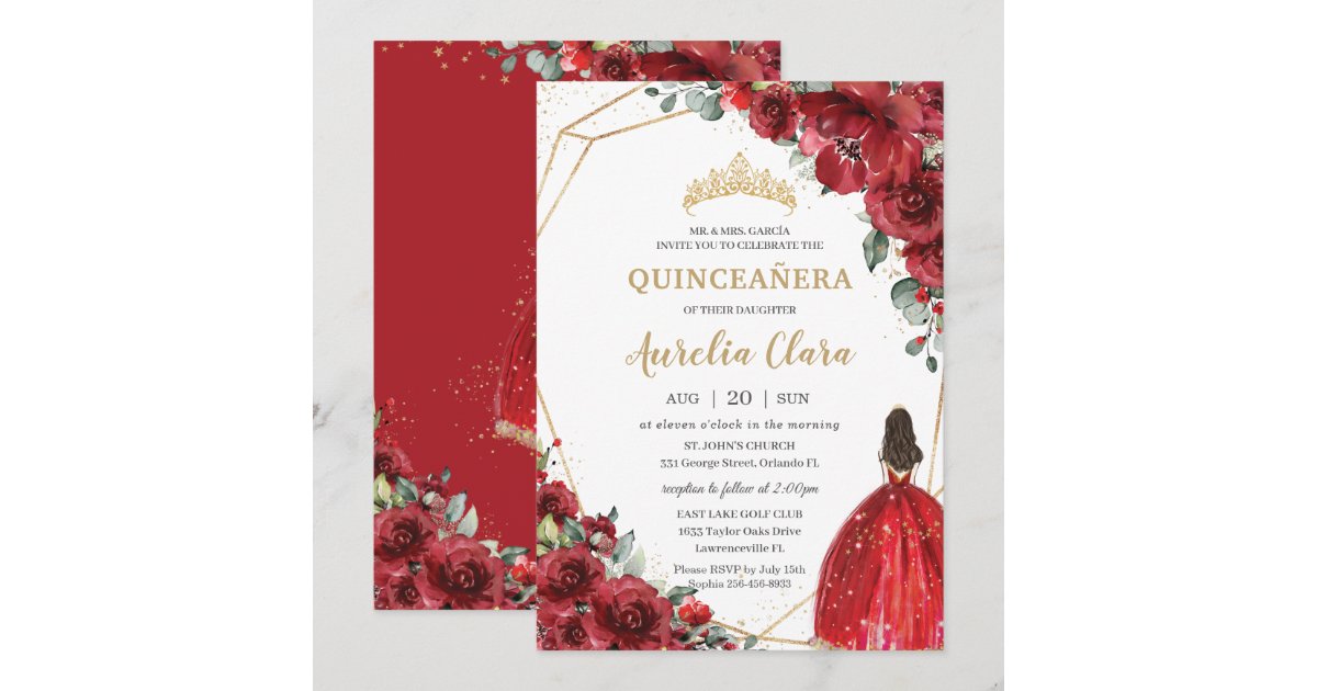 Chic Quinceañera Red Roses Flowers Floral Princess Invitation | Zazzle