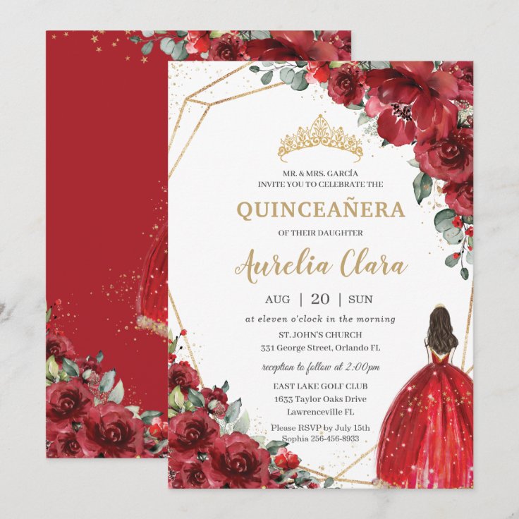 Chic Quinceañera Red Roses Flowers Floral Princess Invitation | Zazzle