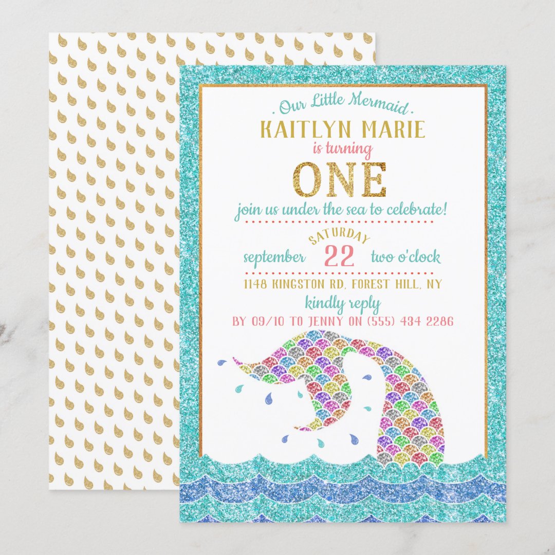 Chic Rainbow Glitter Mermaid 1st Birthday Invitation | Zazzle