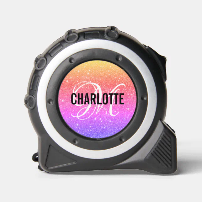 Chic rainbow glitter monogram name tape measure | Zazzle