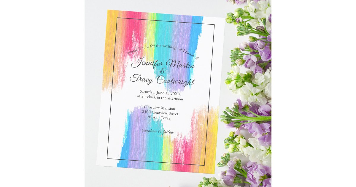 Chic Rainbow Watercolor LGBTQ Wedding Invitation Postcard | Zazzle