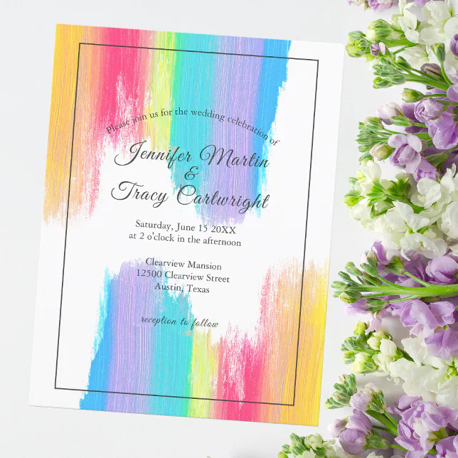 Chic Rainbow Watercolor LGBTQ Wedding Invitation Postcard | Zazzle
