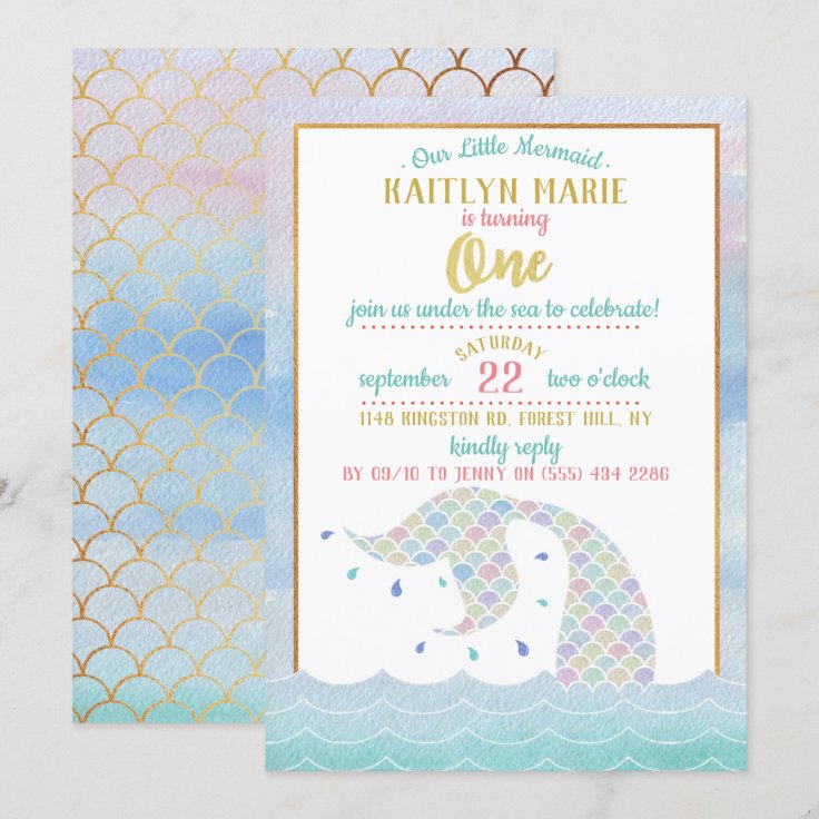 Chic Rainbow Watercolor Mermaid 1st Birthday Invitation | Zazzle