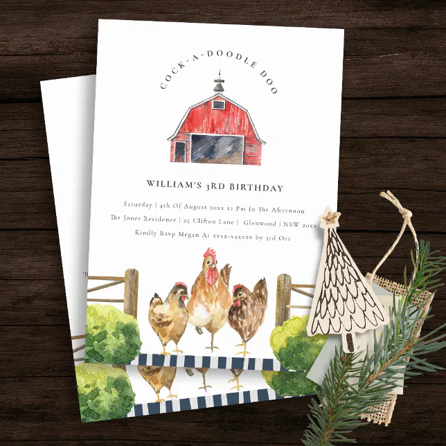 Chic Red Barn Chicken Farm Watercolor Birthday Invitation | Zazzle