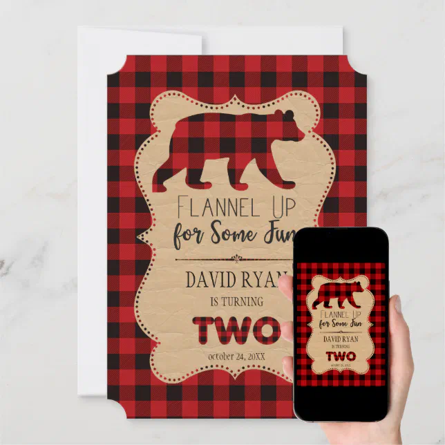 Chic Red Buffalo Plaid Birthday TWO Custom Invitation | Zazzle