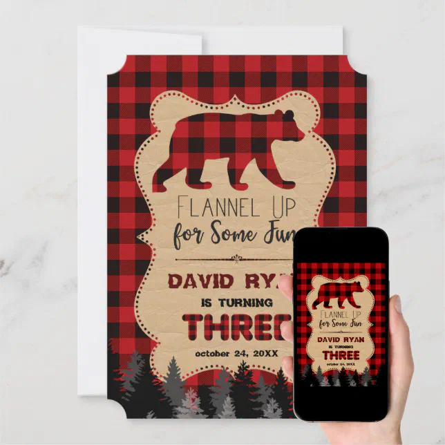 Chic Red Buffalo Plaid Third Birthday Invite | Zazzle
