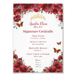 Chic Red Floral Gold Quinceanera Bar Drink Menu Photo Print | Zazzle