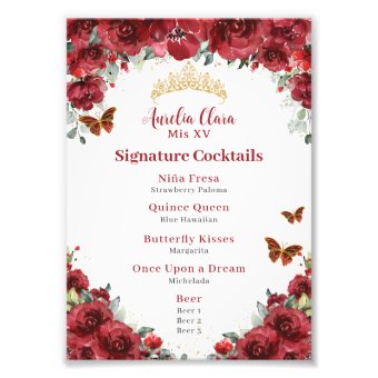 Chic Red Floral Gold Quinceanera Bar Drink Menu Photo Print | Zazzle