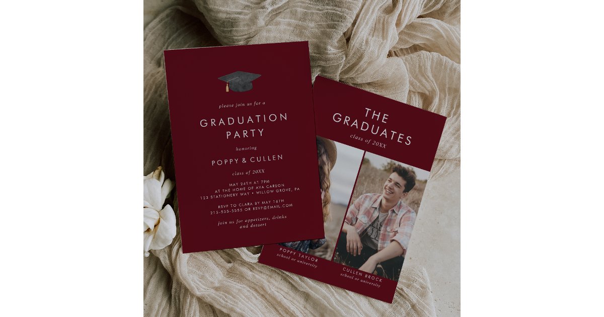 Chic Red Grad Cap Photo Double Graduation Party Invitation | Zazzle