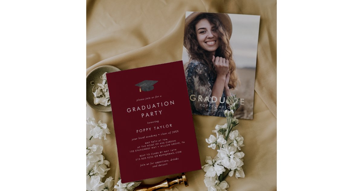 Chic Red Grad Cap Photo Graduation Party Invitation | Zazzle