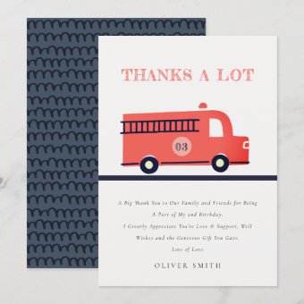 Chic Red Navy Fire Truck Engine Any Age Birthday Thank You Card | Zazzle